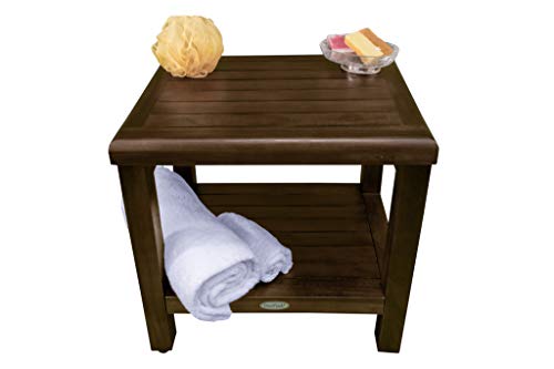 DecoTeak Classic Shower Bench Eleganto Natural Wooden Seat Shower Stool with Shelf 18" Armless Open Back Bench in Woodland Brown Finish