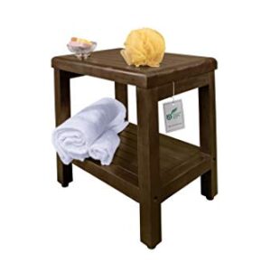 DecoTeak Classic Shower Bench Eleganto Natural Wooden Seat Shower Stool with Shelf 18" Armless Open Back Bench in Woodland Brown Finish