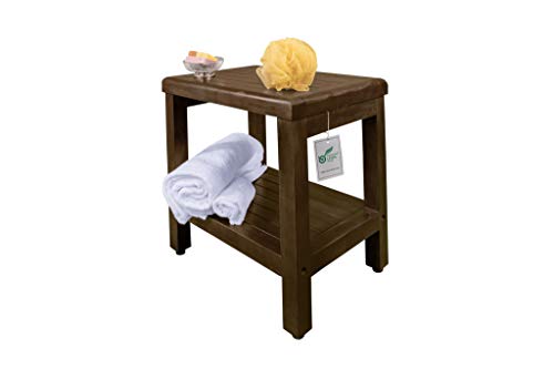 DecoTeak Classic Shower Bench Eleganto Natural Wooden Seat Shower Stool with Shelf 18" Armless Open Back Bench in Woodland Brown Finish