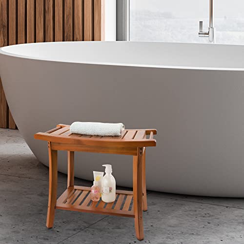 Utoplike Teak Shower Bench Seat with Handles and Teak Bathtub Caddy Tray Bath Tray for Tub Set