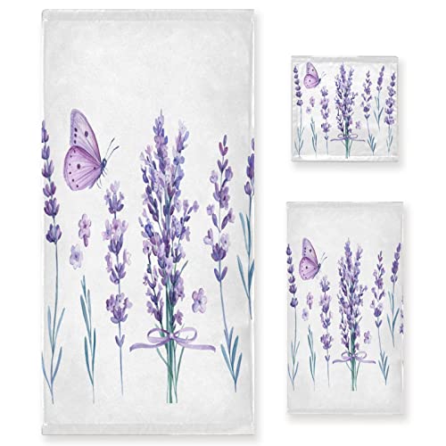 ALAZA Purple Lavender Flower Butterfly Towel Bathroom Sets 3 Piece Bath Towel Sets1 Bath Towel 1 Hand Towel 1 Washcloth Soft Luxury Absorbent Decorative Towels for Beach Gym Spa