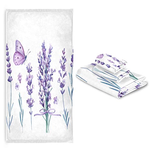 ALAZA Purple Lavender Flower Butterfly Towel Bathroom Sets 3 Piece Bath Towel Sets1 Bath Towel 1 Hand Towel 1 Washcloth Soft Luxury Absorbent Decorative Towels for Beach Gym Spa