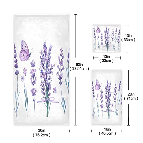 ALAZA Purple Lavender Flower Butterfly Towel Bathroom Sets 3 Piece Bath Towel Sets1 Bath Towel 1 Hand Towel 1 Washcloth Soft Luxury Absorbent Decorative Towels for Beach Gym Spa