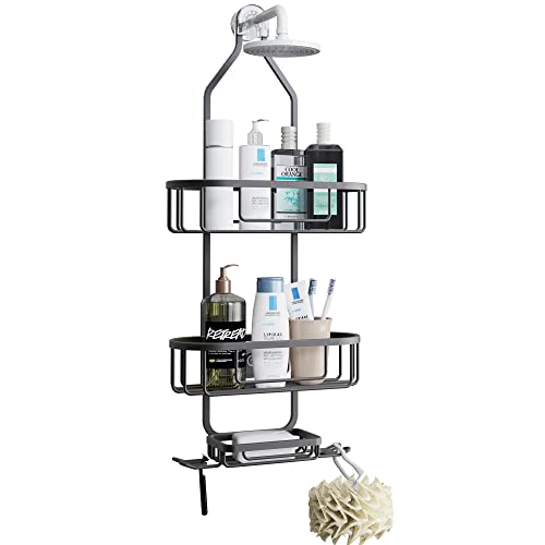 Hukalw Black Shower Caddy Over Head, Hanging Shower Caddy with Soap Dish for Bathroom, Rustproof Stainless Steel Hanging Shower Organizer for inside shower