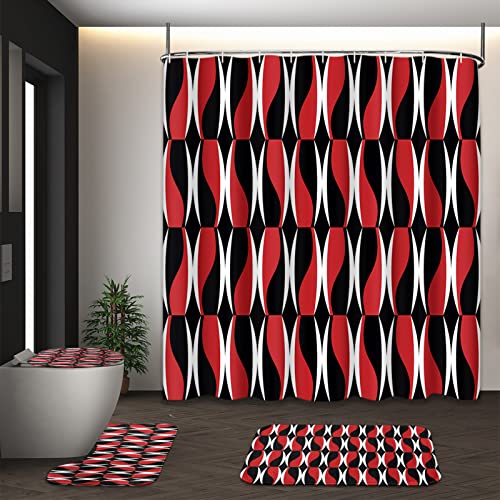 Red Black Geometric Shower Curtain Sets with Toilet Lid Cover and Non-Slip Rugs, Zigzag Chain Round Wave Simple 4 Pcs Shower Curtains for Bathroom, Modern Abstract Bathroom Decor