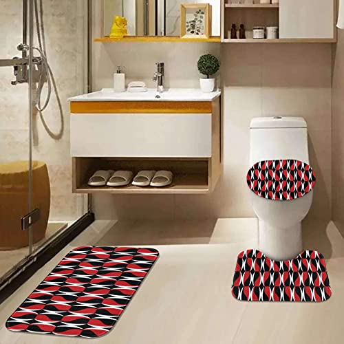 Red Black Geometric Shower Curtain Sets with Toilet Lid Cover and Non-Slip Rugs, Zigzag Chain Round Wave Simple 4 Pcs Shower Curtains for Bathroom, Modern Abstract Bathroom Decor