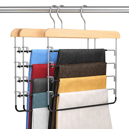 Pants Rack Hanger Space Saving - 3 Pack, HODOLA Wooden Pants Clothes Hanger, Jeans Hangers Space Saving with Multi-Layer Swing Arm, Multiple Hanger Closet Organizer Suit for Scarves, Slacks, Trouser