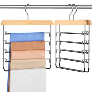 pants rack hanger space saving - 3 pack, hodola wooden pants clothes hanger, jeans hangers space saving with multi-layer swing arm, multiple hanger closet organizer suit for scarves, slacks, trouser