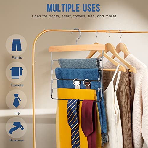 Pants Rack Hanger Space Saving - 3 Pack, HODOLA Wooden Pants Clothes Hanger, Jeans Hangers Space Saving with Multi-Layer Swing Arm, Multiple Hanger Closet Organizer Suit for Scarves, Slacks, Trouser