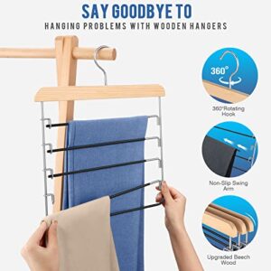 Pants Rack Hanger Space Saving - 3 Pack, HODOLA Wooden Pants Clothes Hanger, Jeans Hangers Space Saving with Multi-Layer Swing Arm, Multiple Hanger Closet Organizer Suit for Scarves, Slacks, Trouser