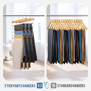 Pants Rack Hanger Space Saving - 3 Pack, HODOLA Wooden Pants Clothes Hanger, Jeans Hangers Space Saving with Multi-Layer Swing Arm, Multiple Hanger Closet Organizer Suit for Scarves, Slacks, Trouser