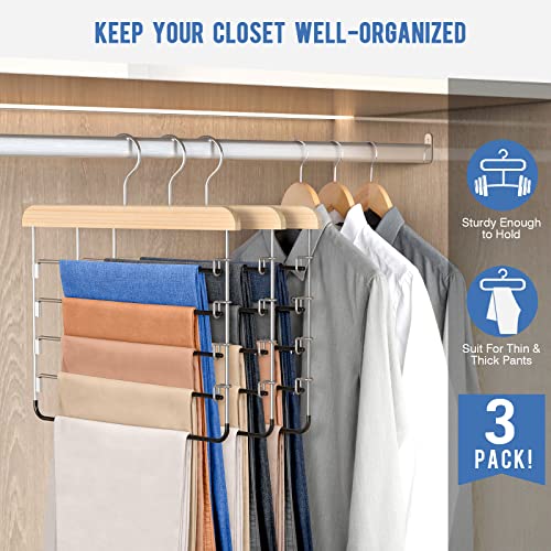 Pants Rack Hanger Space Saving - 3 Pack, HODOLA Wooden Pants Clothes Hanger, Jeans Hangers Space Saving with Multi-Layer Swing Arm, Multiple Hanger Closet Organizer Suit for Scarves, Slacks, Trouser