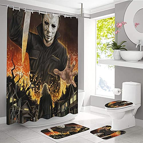 HUIHSVHA 4 Piece Halloween Shower Curtain Sets with Non-Slip Rug, Toilet Lid Cover and Absorbent Carpet Bath Mat, Waterproof Fabric Shower Curtains with 12 Hooks for Bathroom Decor, 70.8"X70.8"