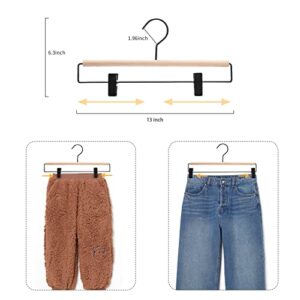 Nature Smile Deluxe Beech Wooden Pants Hangers Bottom Hanger Jeans Hanger Trousers Skirt Hanger with 2-Adjustable Black Matt Clips and Hook 20 Pack (Natural Wood+Black Metal)