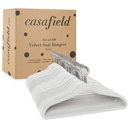 Casafield 100 Ivory Velvet Suit Hangers - Space Saving, Non-Slip & Chrome Swivel Hook for Dress Clothes, Coats, Pants, Shirts, Skirts