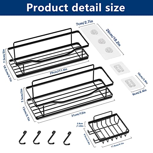 tundsot 3 Pack Bathroom Shower Shelves Shower Caddy, Shower Shelves, Adhesive Shower Organizer No Drilling,With 4 Hooks, Shower Shelves for Inside Shower (black)