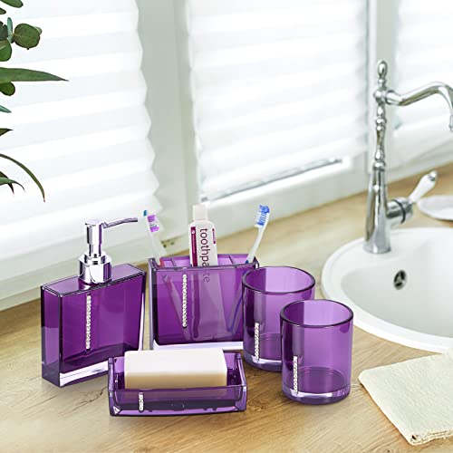 Yosoo 5 Piece Bathroom Accessory Set, Acrylic Gift Set Toothbrush Holder Cup Soap Dispenser Soap Dish Tumbler Straw Set Bathroom, Purple