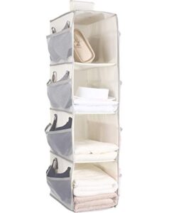 astro 4-shelf hanging closet organizer with 8 side pockets, collapsible hanging closet shelves, hanging organizer for closet, ivory, 821-27