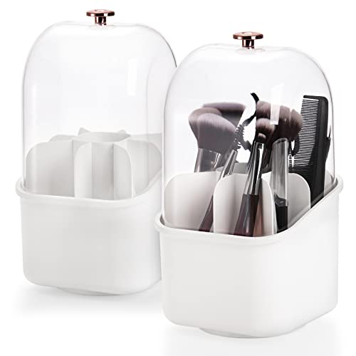 Fasmov 2 Pack Makeup Brush Holder Organizer, 360 Rotating Makeup Organizer with Clear Cover Cosmetics Storage Display Case, 8 Compartment Cosmetic Display Case for Vanity Desktop Bathroom Countertop