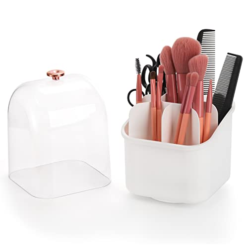 Fasmov 2 Pack Makeup Brush Holder Organizer, 360 Rotating Makeup Organizer with Clear Cover Cosmetics Storage Display Case, 8 Compartment Cosmetic Display Case for Vanity Desktop Bathroom Countertop