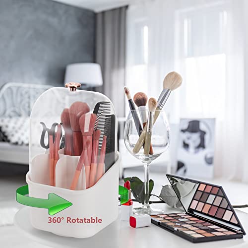 Fasmov 2 Pack Makeup Brush Holder Organizer, 360 Rotating Makeup Organizer with Clear Cover Cosmetics Storage Display Case, 8 Compartment Cosmetic Display Case for Vanity Desktop Bathroom Countertop