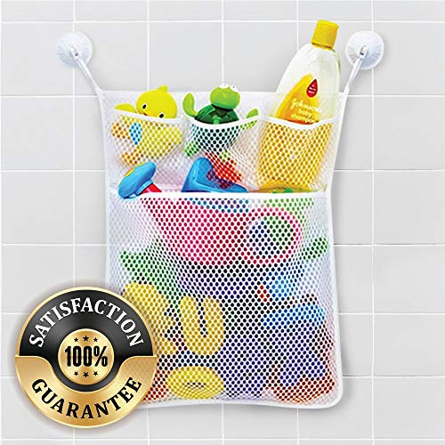 Eutuxia Bath Toy Organizer, Quick Dry Hanging Mesh Net Bathtub Storage with 4 Pockets & 4 Adhesive Hooks for Kids Toys and Bathroom Essentials. Shower Caddy for Decor, Fun, Educational, 19.76" x 14"