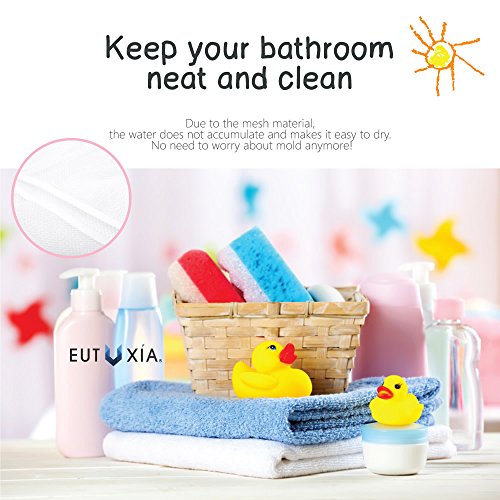 Eutuxia Bath Toy Organizer, Quick Dry Hanging Mesh Net Bathtub Storage with 4 Pockets & 4 Adhesive Hooks for Kids Toys and Bathroom Essentials. Shower Caddy for Decor, Fun, Educational, 19.76" x 14"