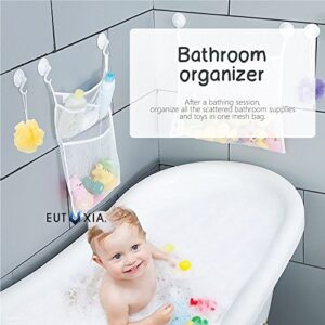 Eutuxia Bath Toy Organizer, Quick Dry Hanging Mesh Net Bathtub Storage with 4 Pockets & 4 Adhesive Hooks for Kids Toys and Bathroom Essentials. Shower Caddy for Decor, Fun, Educational, 19.76" x 14"