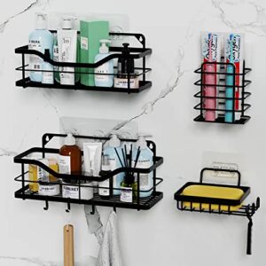 Befoco 4 Pack Shower Caddy, Shower Organizer and Soap Holder Shower Shelves Toothbrush Holder with Adhesive Stainless Steel Bathroom Storage Rack with Hooks, Shower Shelf for Inside Shower Black