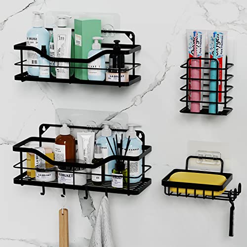 Befoco 4 Pack Shower Caddy, Shower Organizer and Soap Holder Shower Shelves Toothbrush Holder with Adhesive Stainless Steel Bathroom Storage Rack with Hooks, Shower Shelf for Inside Shower Black