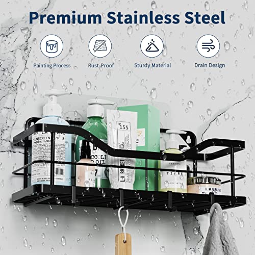 Befoco 4 Pack Shower Caddy, Shower Organizer and Soap Holder Shower Shelves Toothbrush Holder with Adhesive Stainless Steel Bathroom Storage Rack with Hooks, Shower Shelf for Inside Shower Black