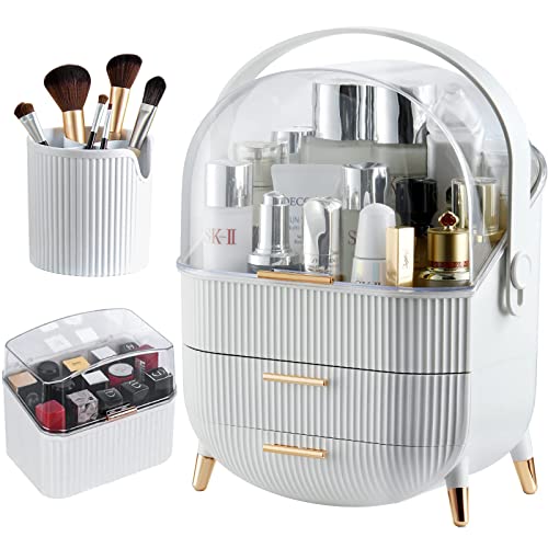 CANITORON Makeup Storage Organizer,Cosmetics Display Case with Brush,Lipstick Organizer and Transparent Cover,SkinCare Organizers for Bathroom Countertop,Bedroom Vanity Desk and Travel -T3 White.