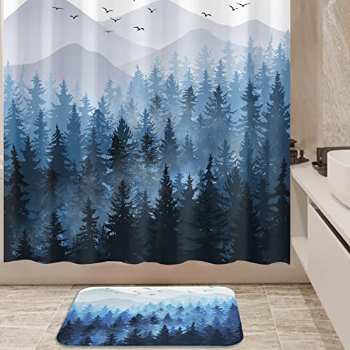 Accnicc Blue and White Misty Forest Shower Curtain Bundle with Blue Misty Forest Small Bathroom Rugs Mat Non-Slip Bath Rugs