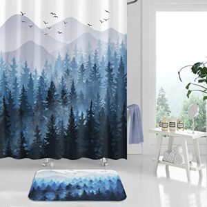 Accnicc Blue and White Misty Forest Shower Curtain Bundle with Blue Misty Forest Small Bathroom Rugs Mat Non-Slip Bath Rugs