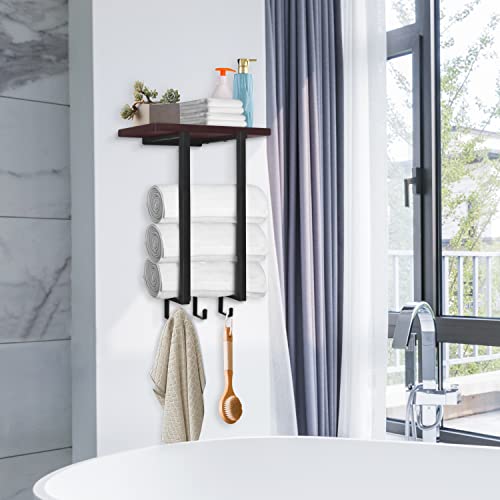 Towel Rack for Bathroom Towel Holder with Wooden Shelf and 3 Hooks Wall Mounted Towel Hanger Storage Organizer for Rolled Towels RV Metal Matte Black