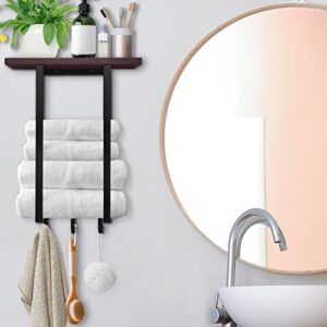 Towel Rack for Bathroom Towel Holder with Wooden Shelf and 3 Hooks Wall Mounted Towel Hanger Storage Organizer for Rolled Towels RV Metal Matte Black