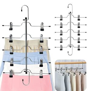 5 tier metal skirt hangers for women, pants hanger space saving with non slip adjustable clips,durable heavy duty trouser hangers for jeans, slacks, shorts - 2 pack