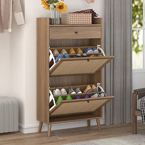 Pvillez Natural Rattan Shoe Cabinet with 2 Flip Drawers, Rattan Shoe Storage Cabinet Organizer with Wood Legs, Narrow Free Standing Shoe Rack for Entryway, Bedroom, Living Room, Apartment Walnut