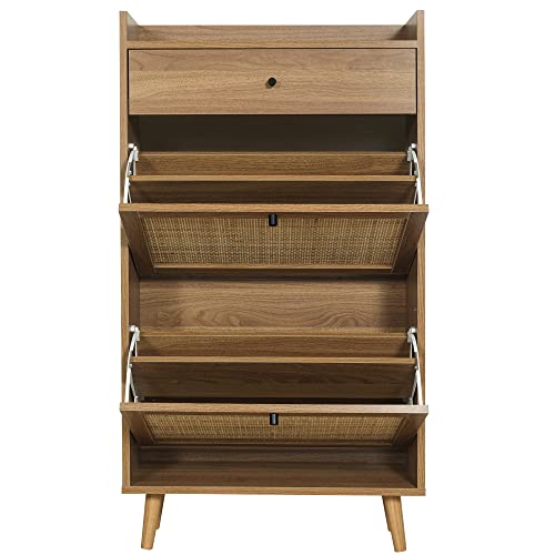 Pvillez Natural Rattan Shoe Cabinet with 2 Flip Drawers, Rattan Shoe Storage Cabinet Organizer with Wood Legs, Narrow Free Standing Shoe Rack for Entryway, Bedroom, Living Room, Apartment Walnut