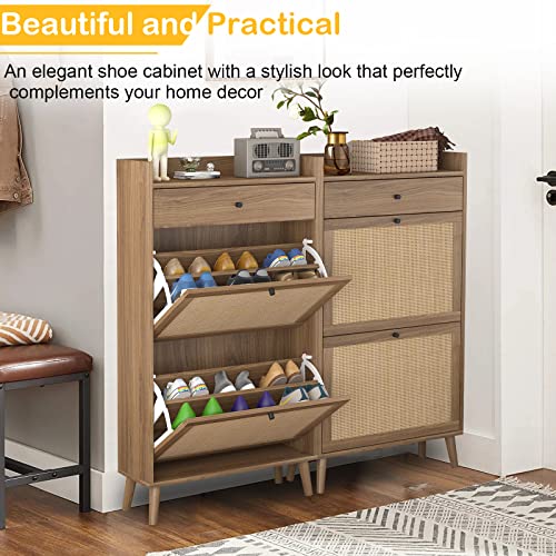 Pvillez Natural Rattan Shoe Cabinet with 2 Flip Drawers, Rattan Shoe Storage Cabinet Organizer with Wood Legs, Narrow Free Standing Shoe Rack for Entryway, Bedroom, Living Room, Apartment Walnut