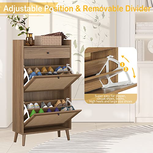 Pvillez Natural Rattan Shoe Cabinet with 2 Flip Drawers, Rattan Shoe Storage Cabinet Organizer with Wood Legs, Narrow Free Standing Shoe Rack for Entryway, Bedroom, Living Room, Apartment Walnut