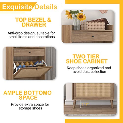 Pvillez Natural Rattan Shoe Cabinet with 2 Flip Drawers, Rattan Shoe Storage Cabinet Organizer with Wood Legs, Narrow Free Standing Shoe Rack for Entryway, Bedroom, Living Room, Apartment Walnut