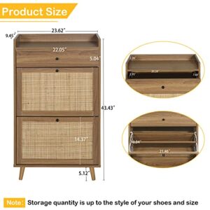 Pvillez Natural Rattan Shoe Cabinet with 2 Flip Drawers, Rattan Shoe Storage Cabinet Organizer with Wood Legs, Narrow Free Standing Shoe Rack for Entryway, Bedroom, Living Room, Apartment Walnut