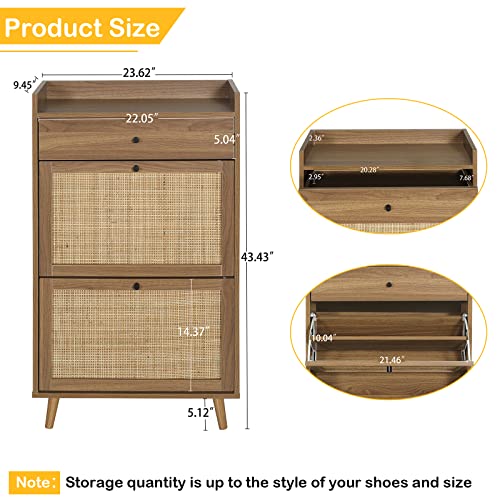 Pvillez Natural Rattan Shoe Cabinet with 2 Flip Drawers, Rattan Shoe Storage Cabinet Organizer with Wood Legs, Narrow Free Standing Shoe Rack for Entryway, Bedroom, Living Room, Apartment Walnut