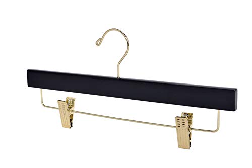 Quality Hangers Black Wooden Pants Hangers - 20-Pack Swivel Hook Cloth Hanger Set - Lotus Wood Skirt, Pant, Shorts and Slack Hangers with Adjustable Clip – Black Clothing Hanger (Gold Hook, 20)