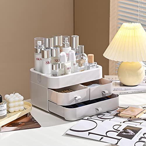 Makeup Organizer for Vanity, Cosmetic Display Case, Makeup Storage Organzier with 3 Drawers for Bathroom Countertop, Cosmetic Storage for Skin Care, Brushes, Eyeshadow, Lotions, Lipstick, Nail Polish