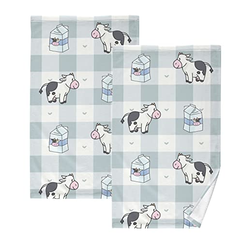 ALAZA Cute Cow Print Animal Blue Buffalo Plaid Hand Towels for Bathroom 1OO% Cotton 2 pcs Face Towel 16 x 28 inch, Absorbent Soft & Skin-Friendly