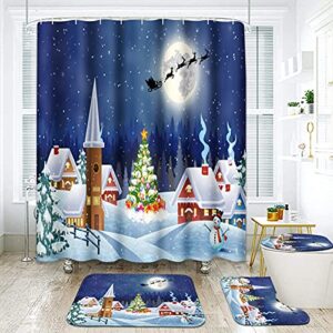 artsocket 4 pcs shower curtain set house snowy christmas landscape night with non-slip rugs toilet lid cover and bath mat bathroom decor set 72" x 72"