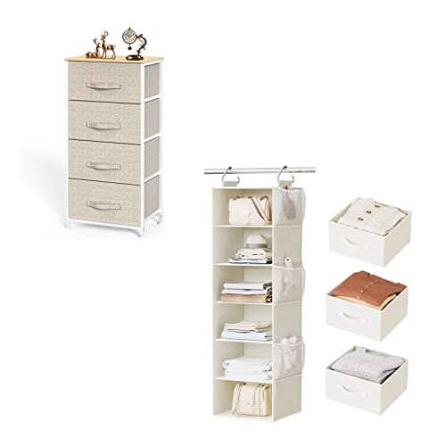 Pipishell Hanging Closet Organizer 6-Shelf, Hanging Shelves for Closet with 3 Removable Drawers & Side Pockets, Hanging Shelf Organizer for Bedroom or Garment Rack, 12'' x 12'' x 43.3'', White