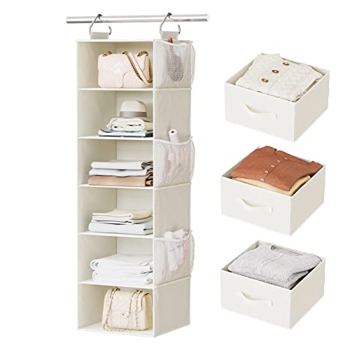 Pipishell Hanging Closet Organizer 6-Shelf, Hanging Shelves for Closet with 3 Removable Drawers & Side Pockets, Hanging Shelf Organizer for Bedroom or Garment Rack, 12'' x 12'' x 43.3'', White